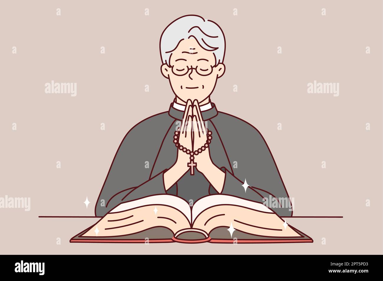 Calm priest in robe holding rosary praying with bible in church. Happy ...