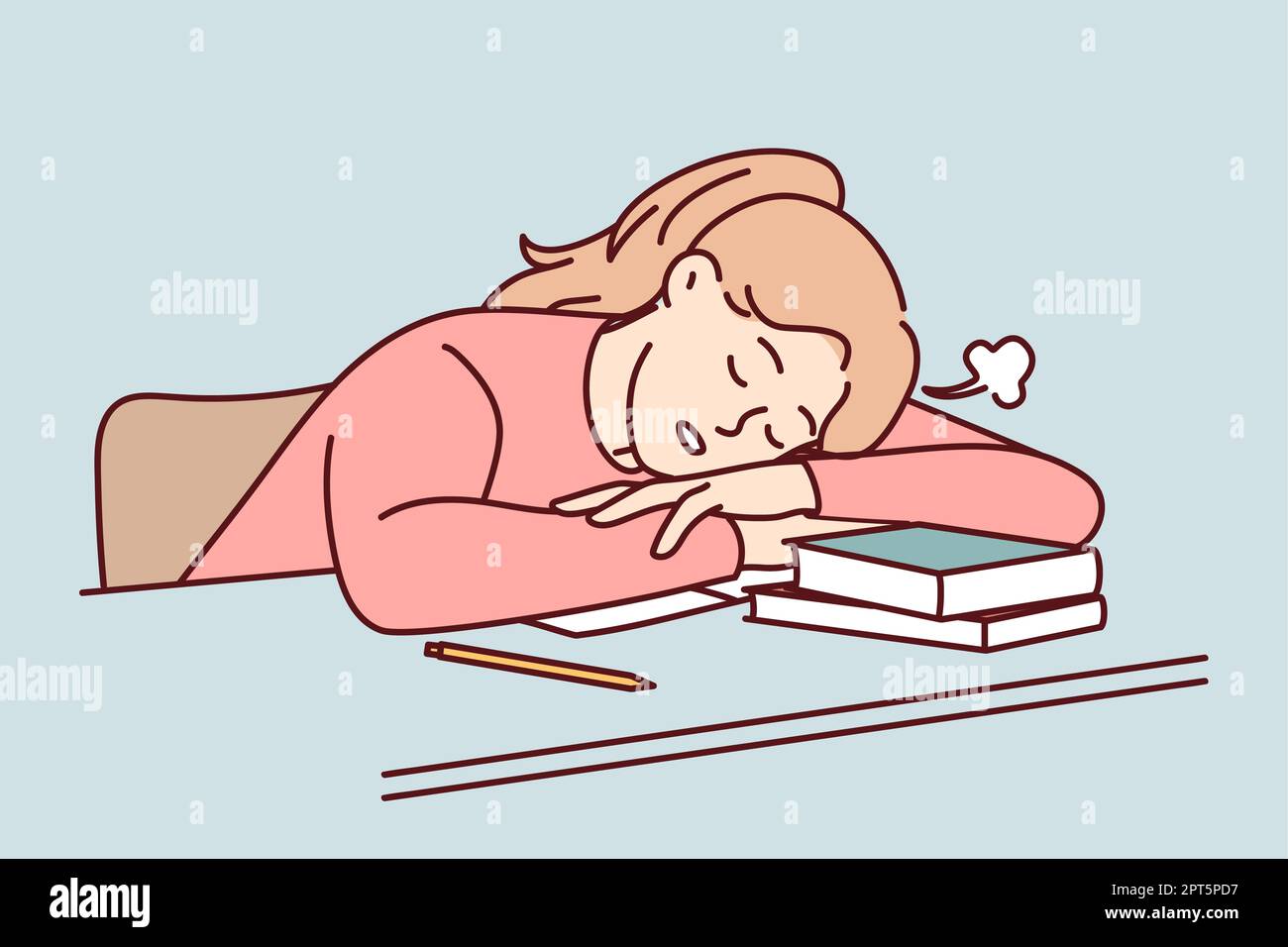 Tired young female student fall asleep on desk distressed with studying ...