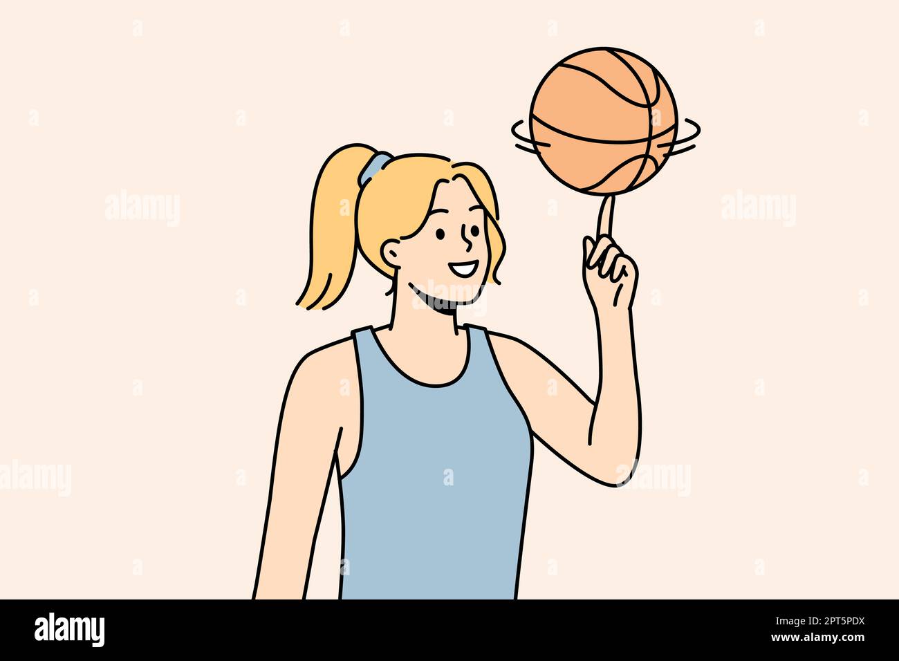 Smiling young woman athlete spin ball on finger. Happy girl basketball ...