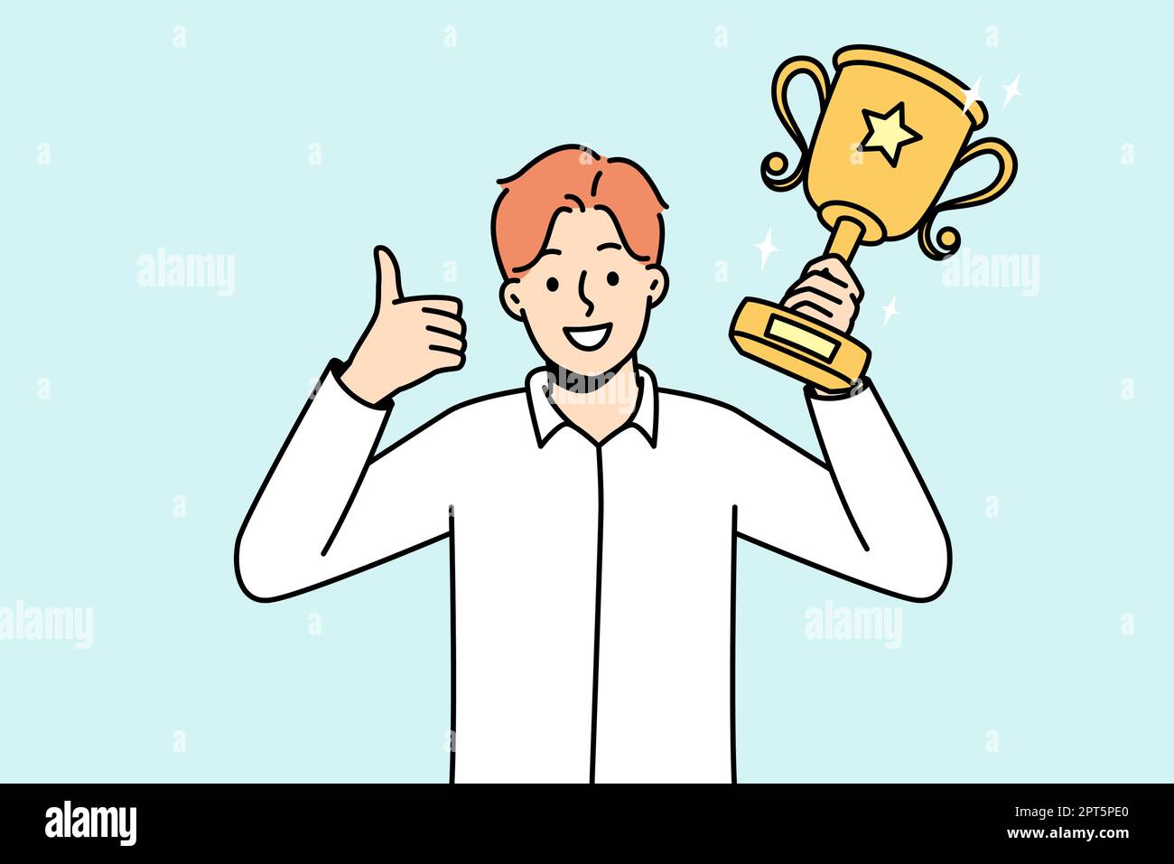 Overjoyed young man with gold prize in hands celebrate win. Smiling ...