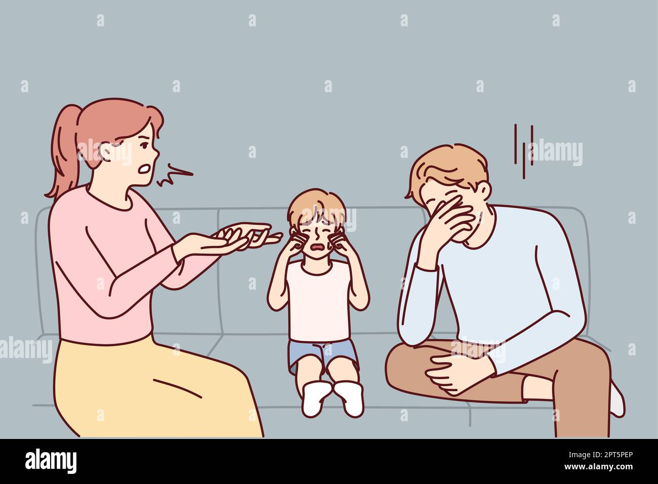 Unhappy kid crying because of parents arguing and fighting. Upset ...