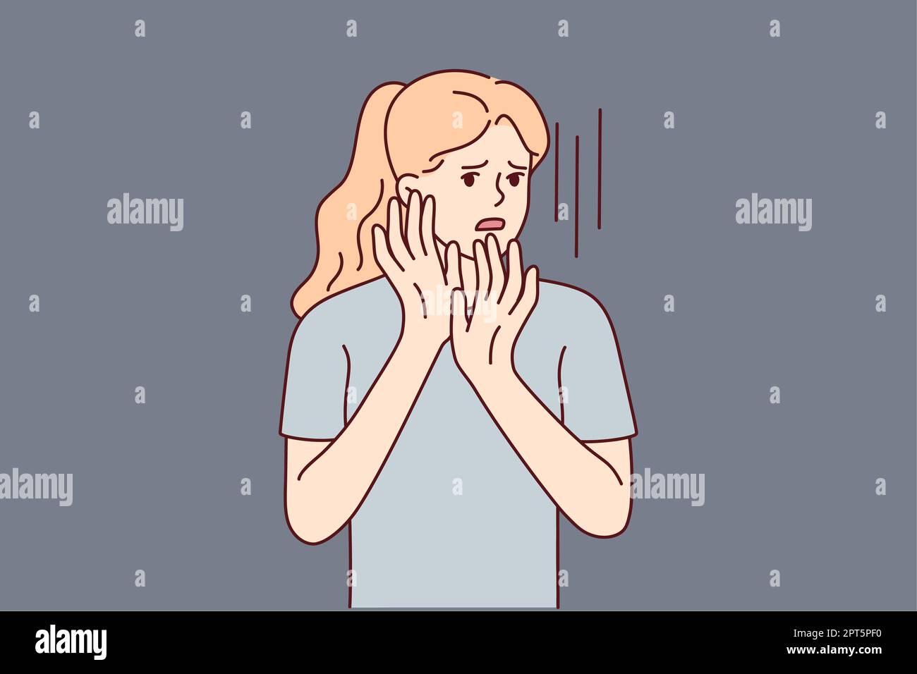 Scared young woman make hand gesture feeling terrified or frightened ...