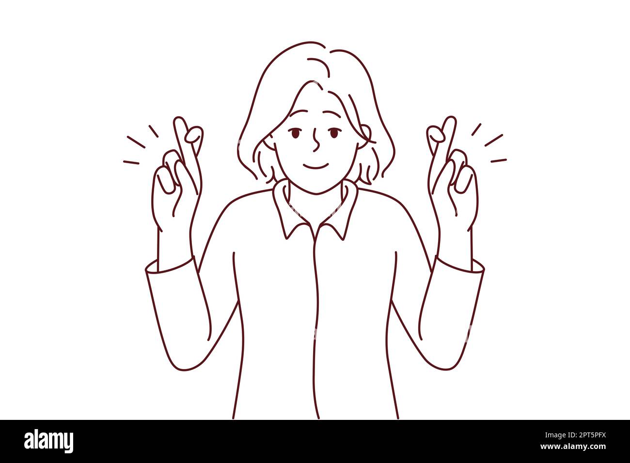 Smiling young woman cross fingers make wish. Happy female do hand ...