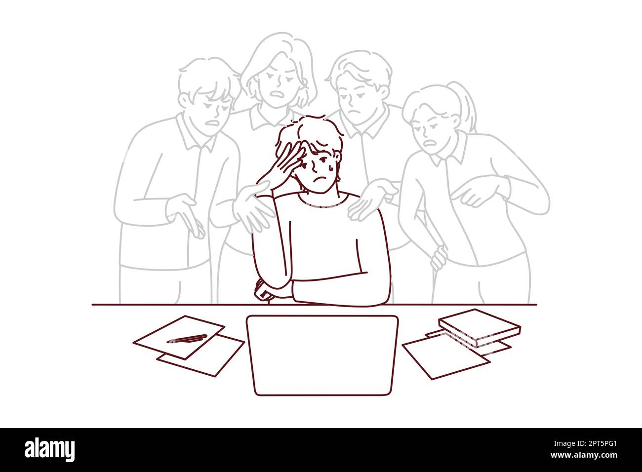 Stressed young man feel pressure by society opinion working on computer ...