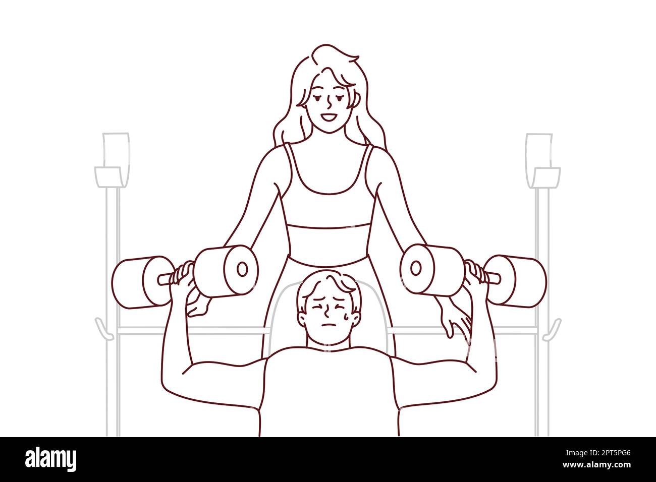 Female trainer help male client workout in gym. Woman athlete or coach ...