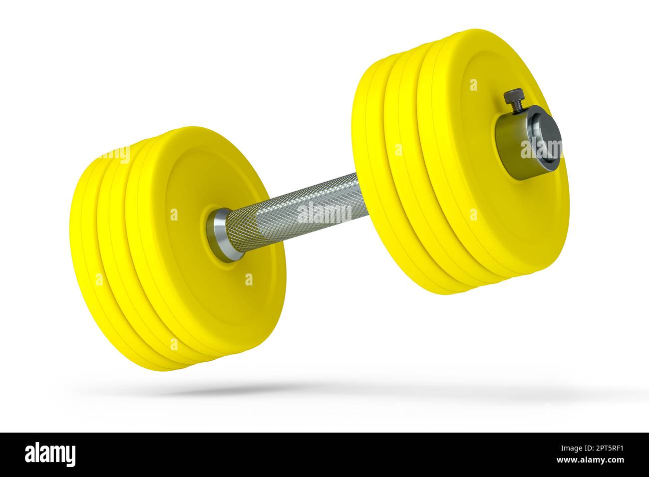 Metal dumbbell with yellow disks isolated on white background. 3d ...