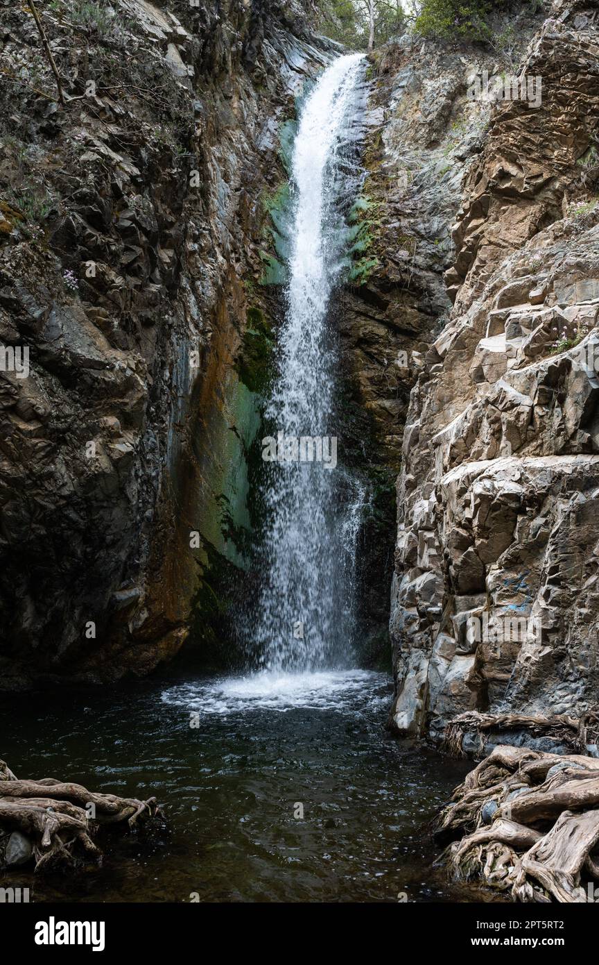 The Millomeris waterfall with rocks and splashing water, Pano Platres ...