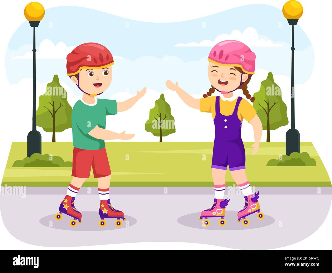 Kids Riding Roller Skates in City Park for Outdoors Activity, Sport ...