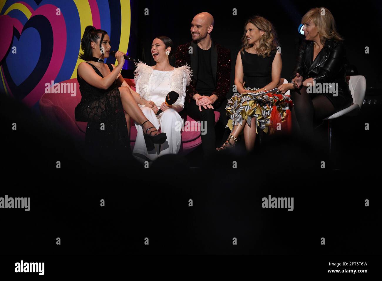 (L-R) Singers Chanel and Blanca Paloma, the creator of the song EaEa, Jose Pablo Polo, and TVE's ...