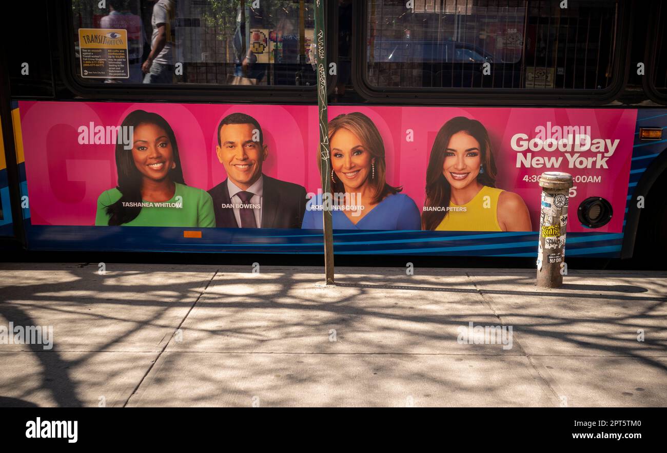 Advertising for Fox’s Good Day New York on the side of a NYCTA bus in ...