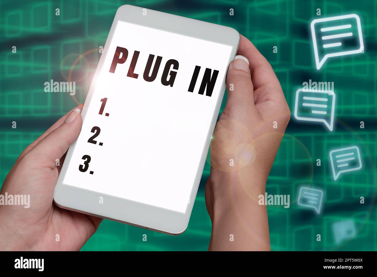 Hand writing sign Plug In, Business approach putting device into ...