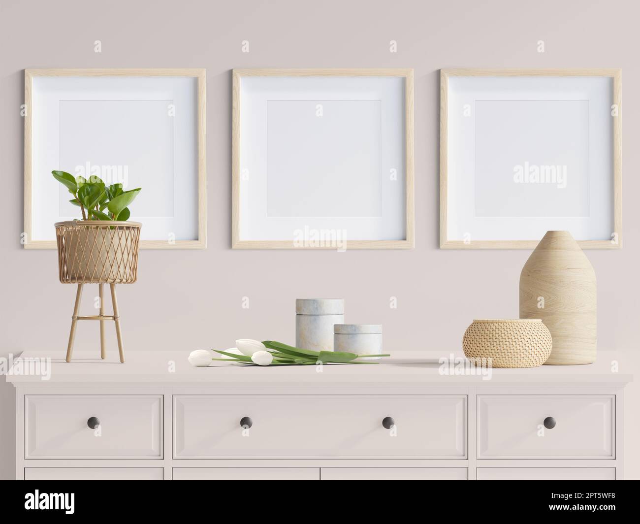 living interior with 3 blank picture frames cover Stock Photo - Alamy