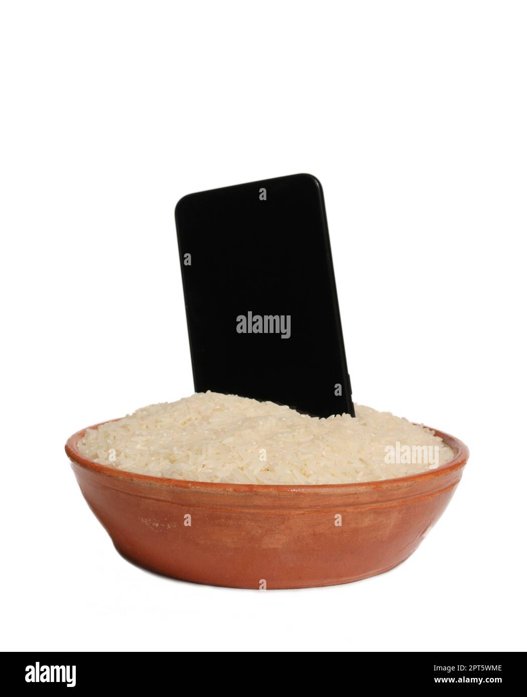 Smartphone in Bowl of White Rice to Remove Water From Phone Isolated on ...