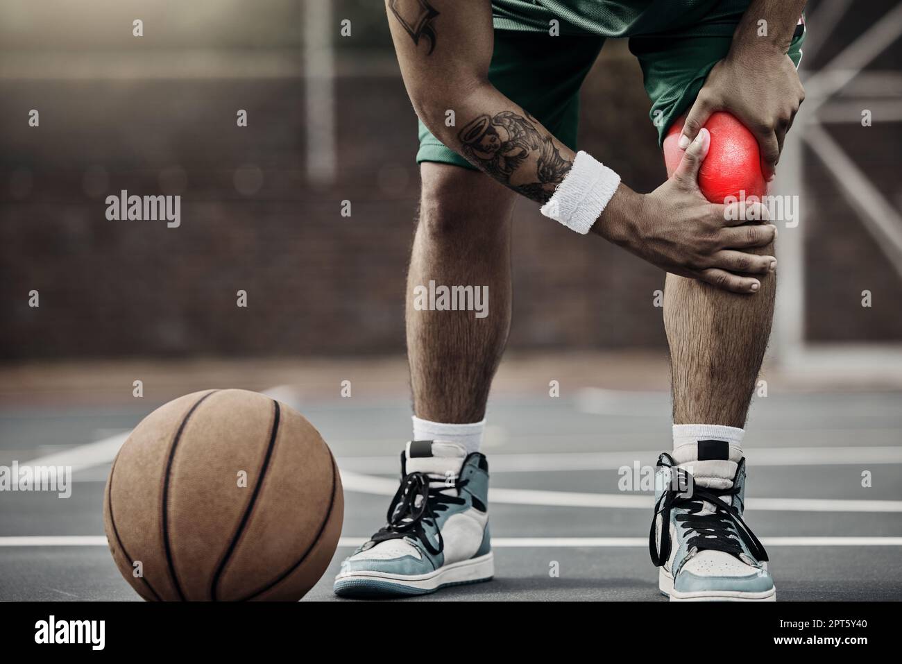 Sports, injury in basketball and knee pain or athlete man while on an ...