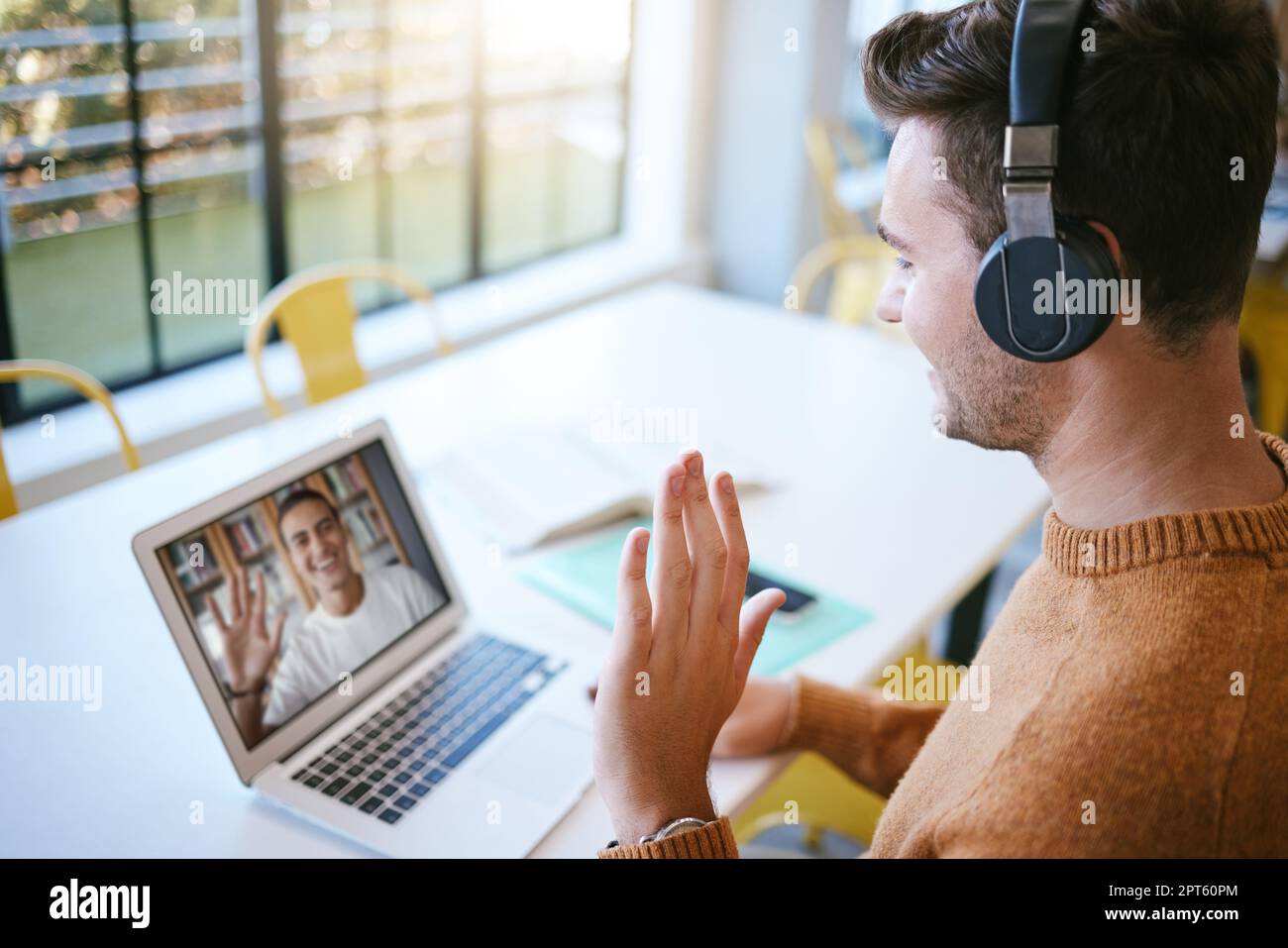 B2B virtual video call, students and laptop screen with hello wave in ...