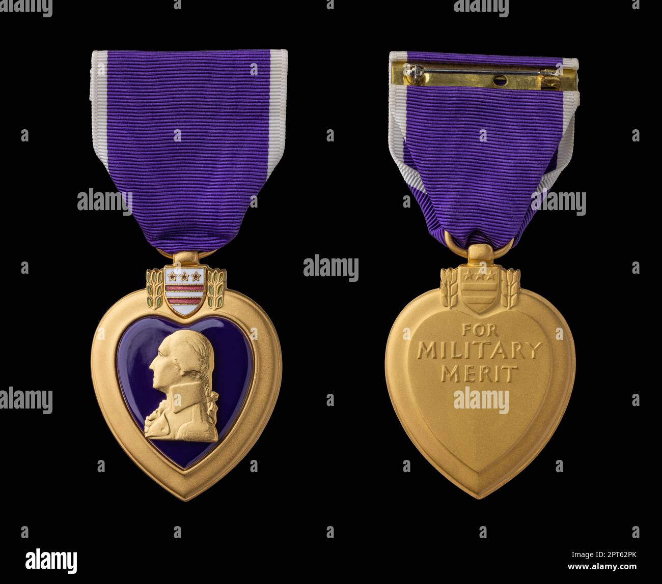 Front and Back of Purple Heart Military Merit Medal Against Black ...