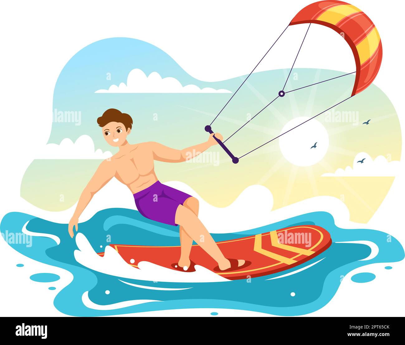 Kitesurfing Illustration with Kite Surfer Standing on Kiteboard in the ...