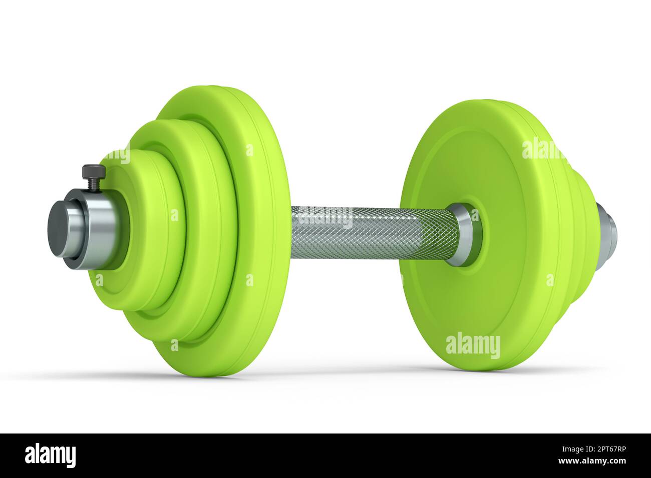 Metal dumbbell with green disks isolated on white background. 3d ...