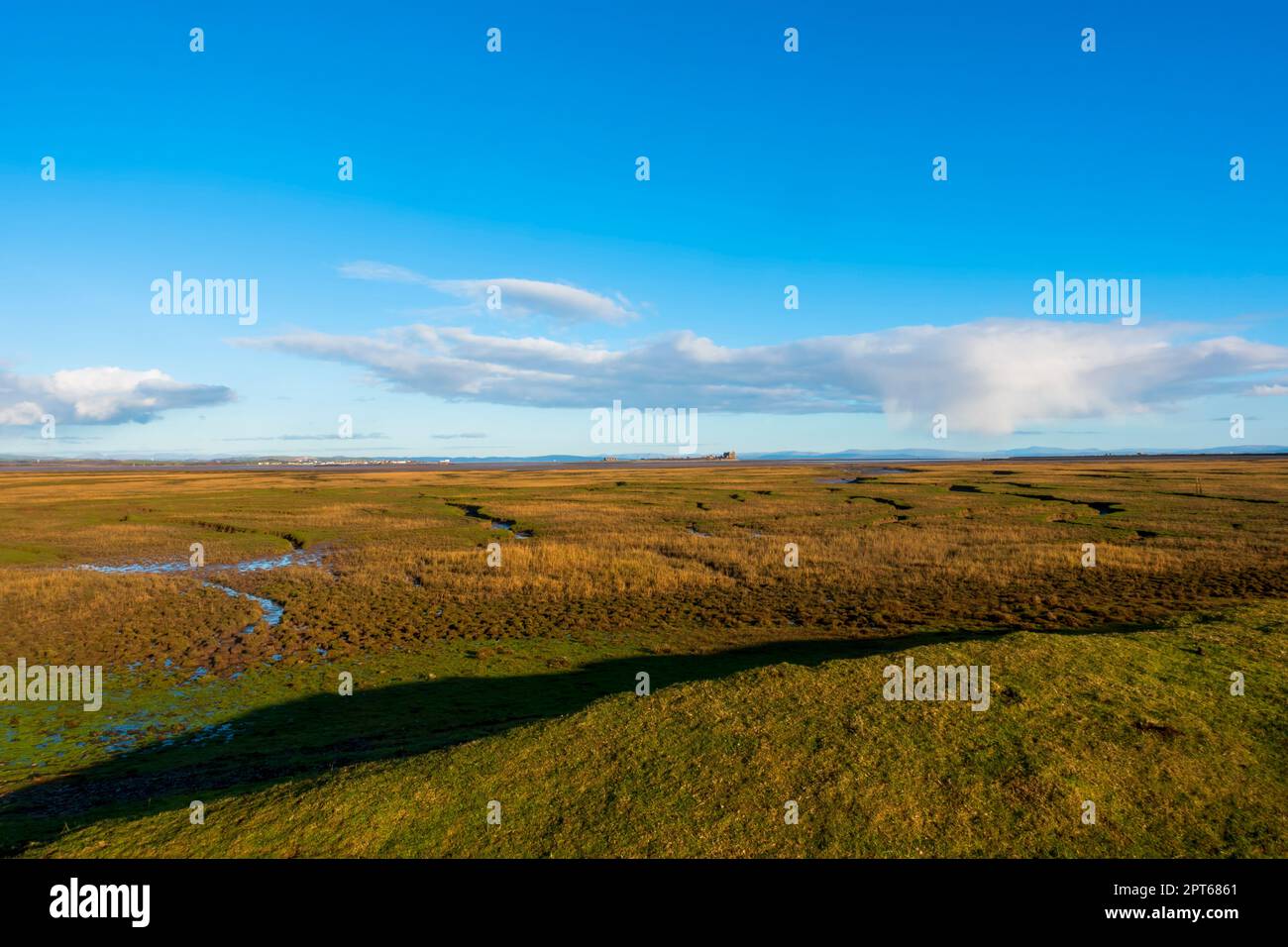 South Walney Nature Reserve, Cumbria. Piel Castle can be seen in the ...