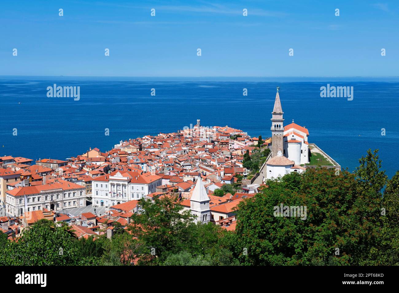 View of the old town from the city walls, Church of St. George, Piran, Slovenia Stock Photo - Alamy