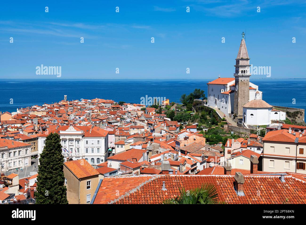 View of the old town from the city walls, Church of St. George, Piran ...