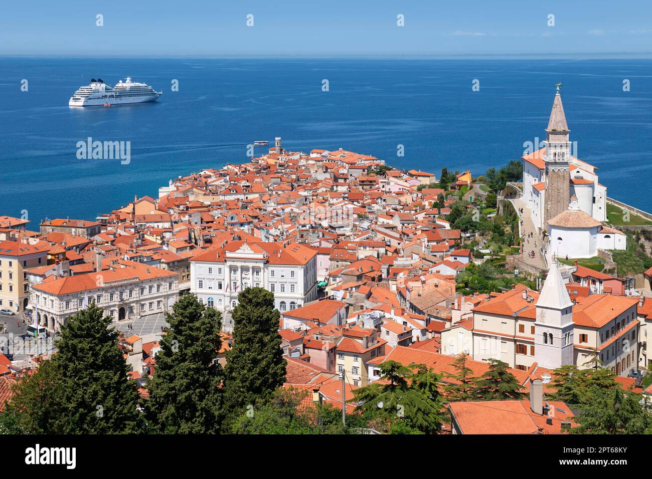 Cruise ship anchors off Piran, view from the city wall over the old ...