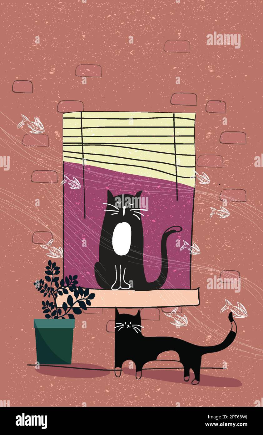 Window frame icon with cute cat sketch cartoon Stock Vector Image & Art ...