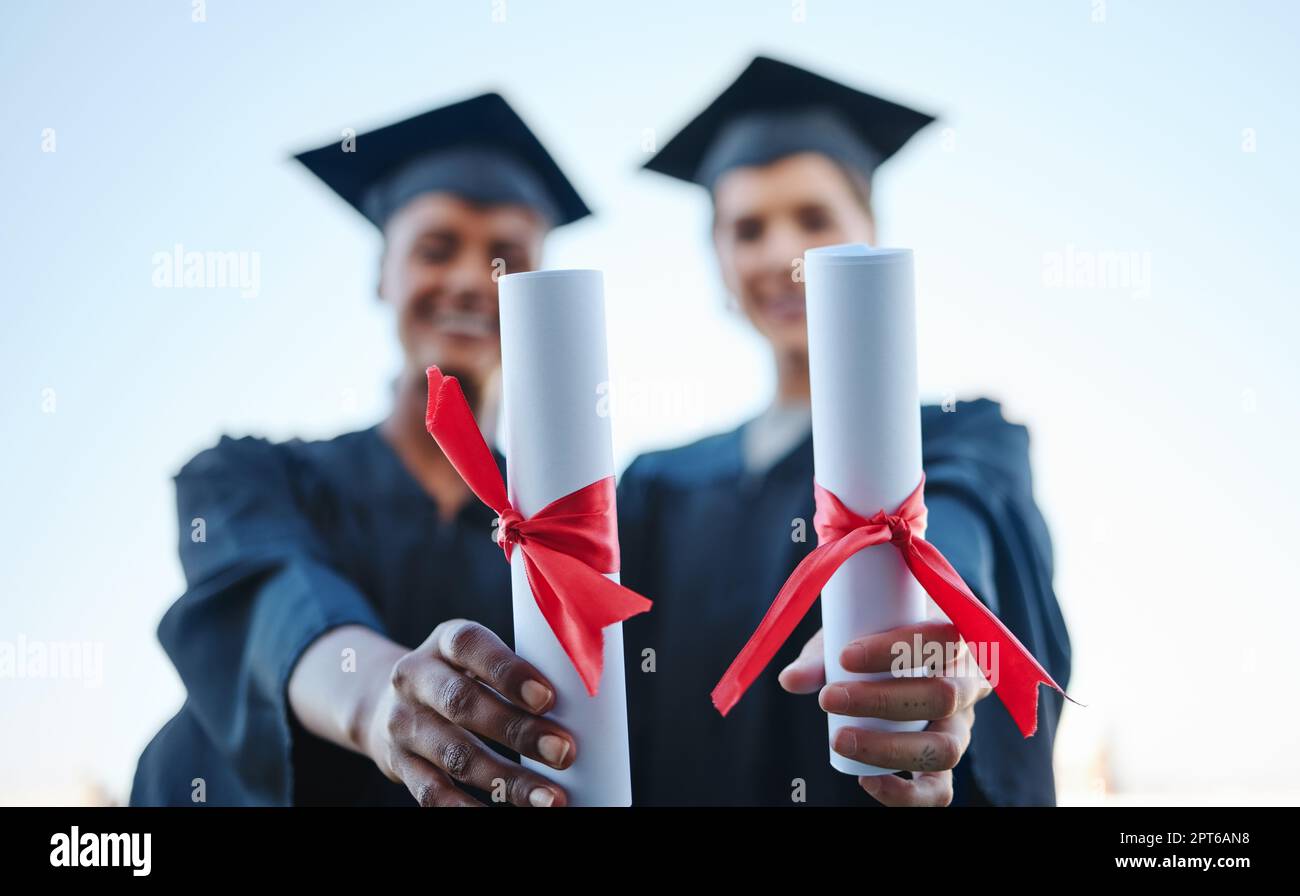 Diploma, success and hands at university graduation with celebration ...
