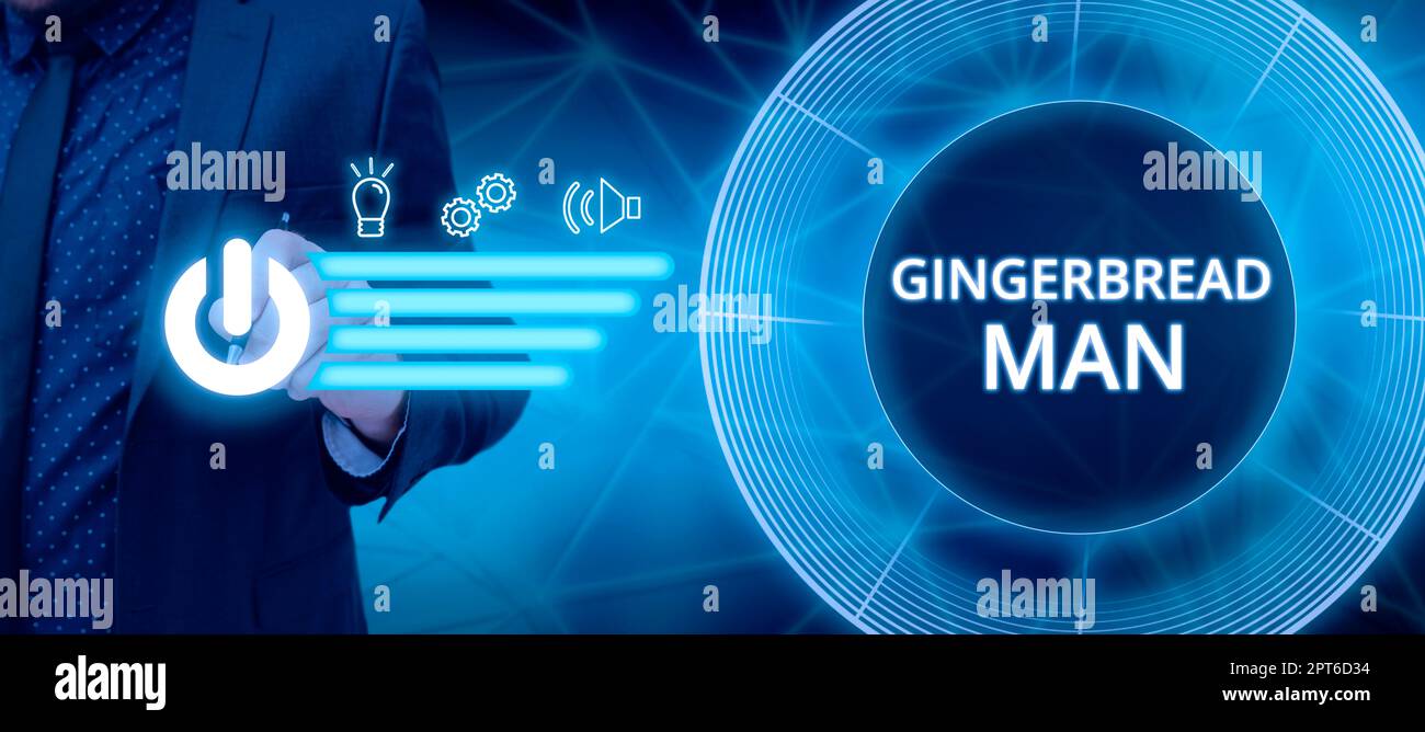 Text caption presenting Gingerbread Man, Word Written on cookie made of ...