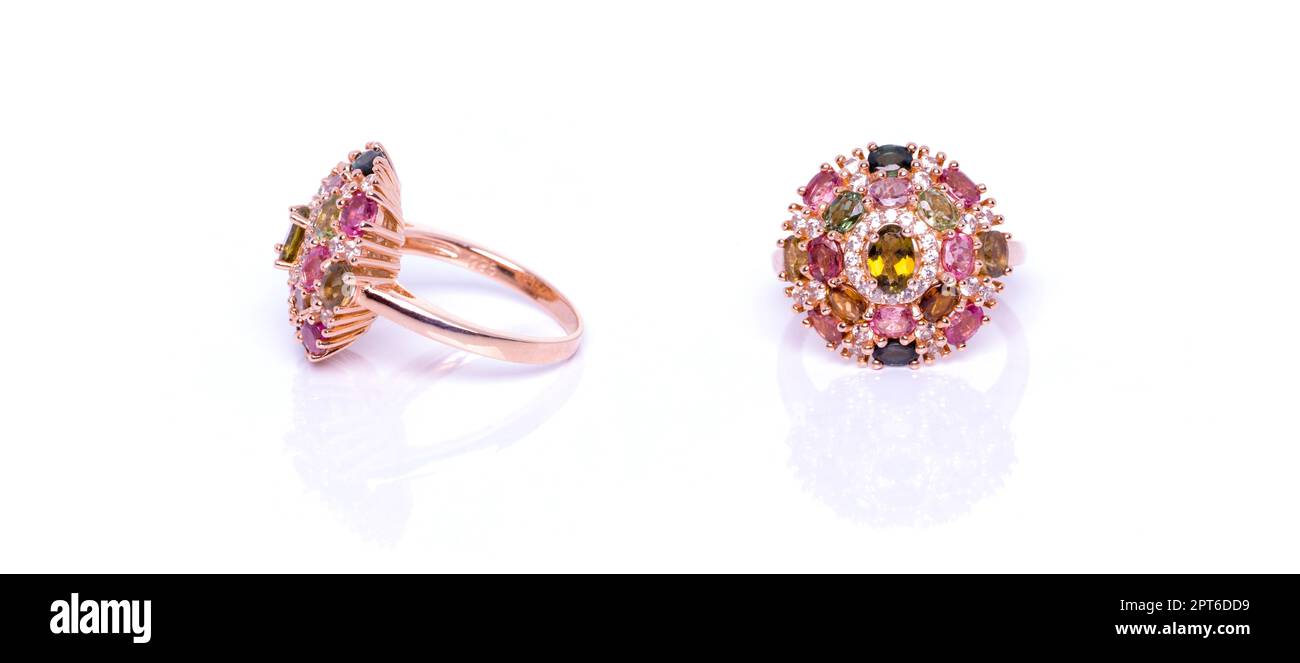 Tourmaline and Diamond Jewel or gems ring on white background with ...