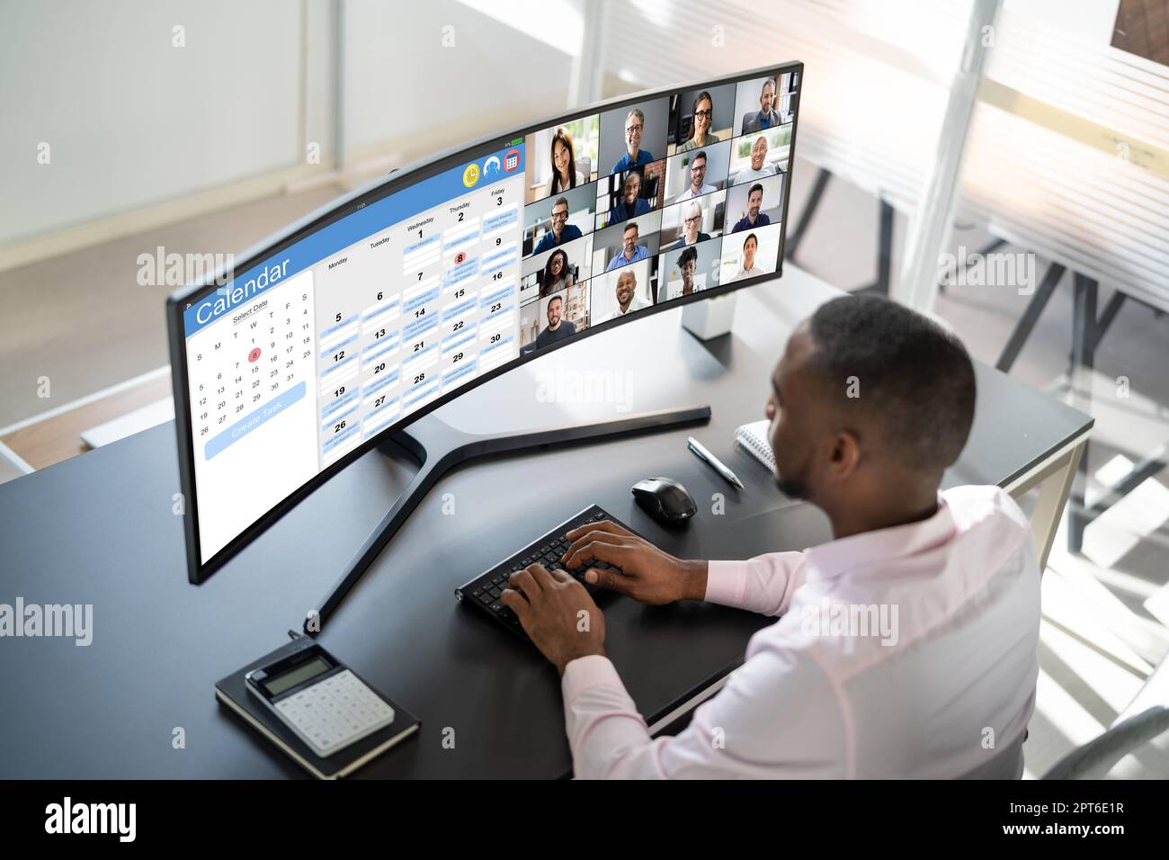 Telecommuting On Desktop Office Computer. Video Telework Banner Stock ...