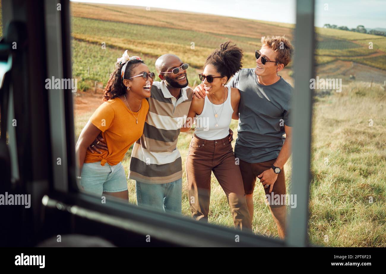 Happy, nature and friends on road trip adventure, holiday or vacation ...