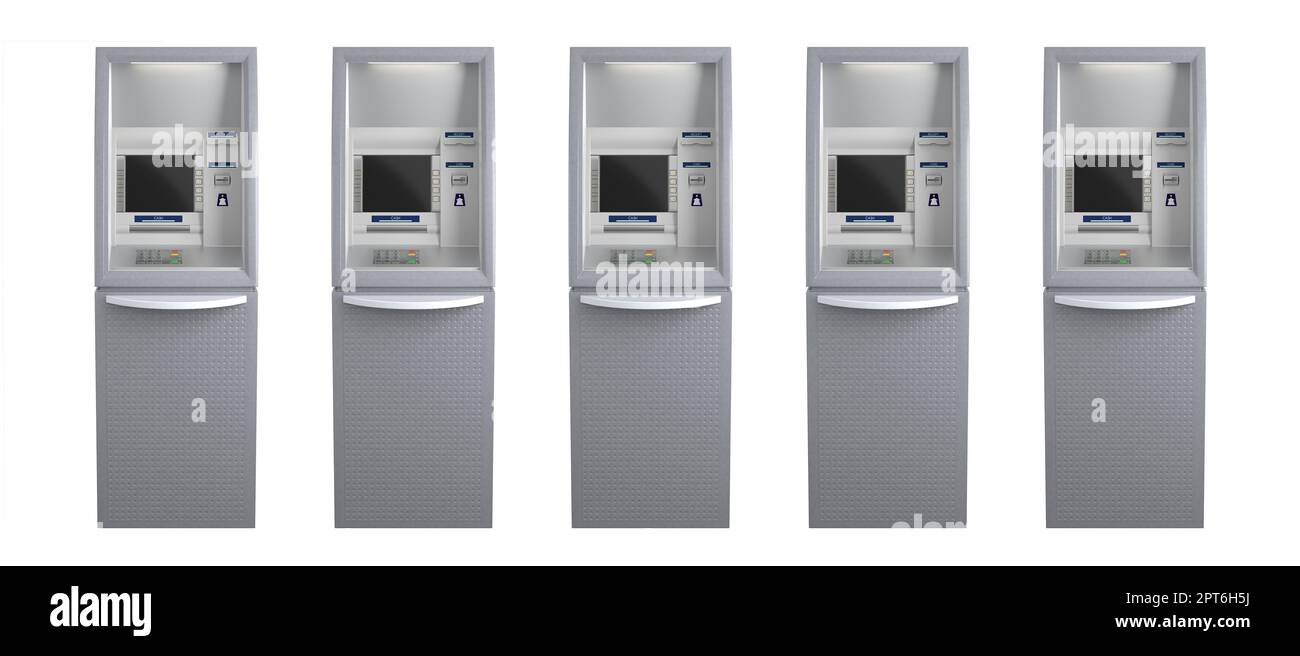 Line of five atm machines, isolated on white. 3D illustration Stock ...