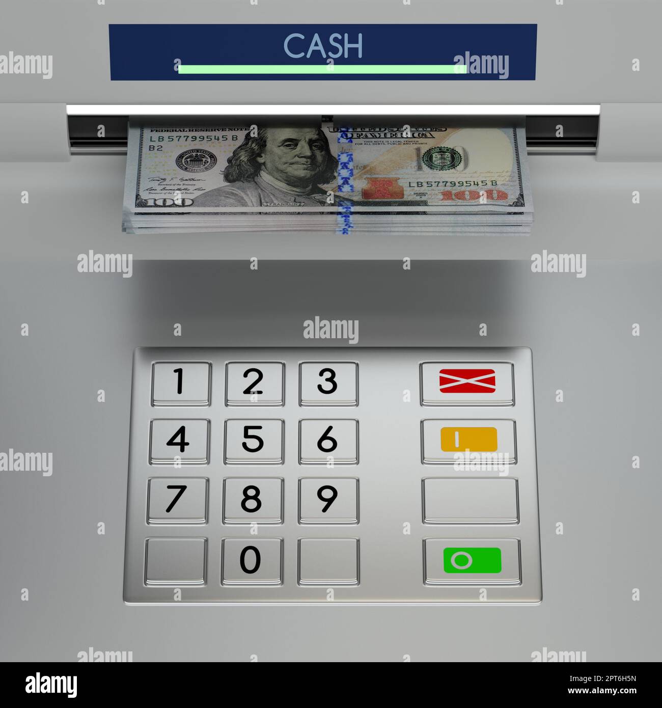 Atm machine keypad with banknotes in the money slot. Password security ...
