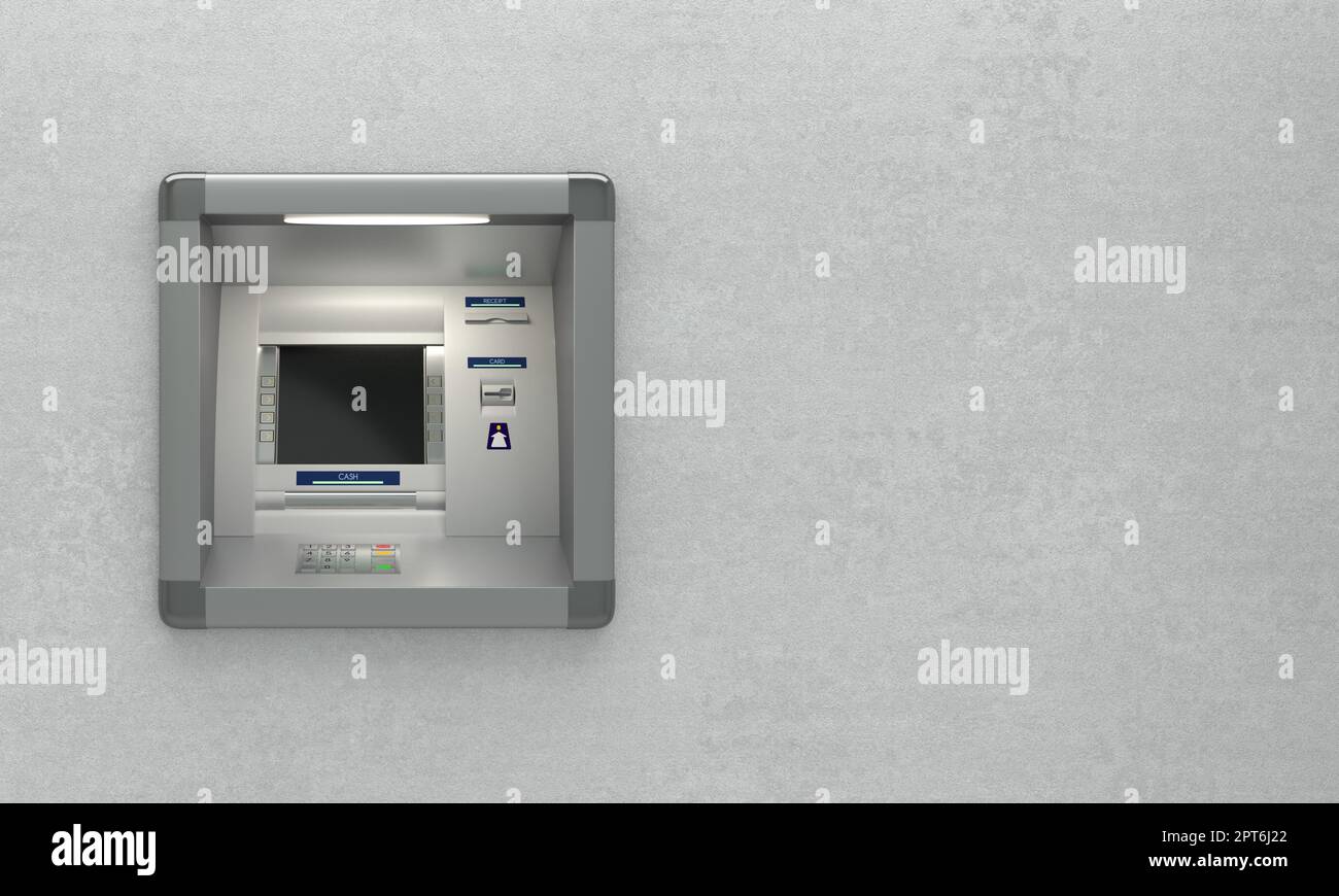 Atm machine with place for text. Display screen, buttons, cash ...