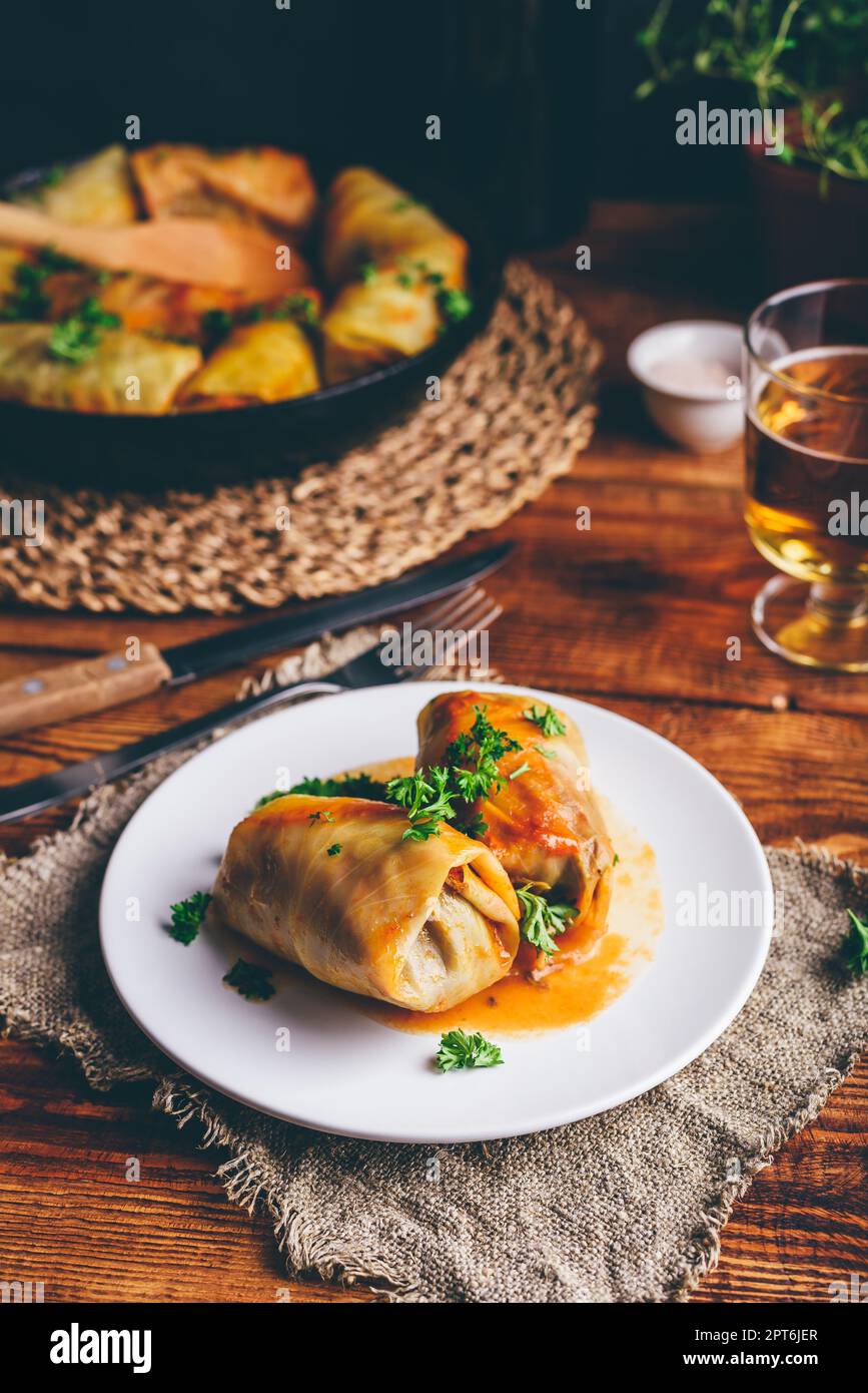 Stuffed Cabbage Rolls on White Plate Served with Chopped Parsley Stock ...
