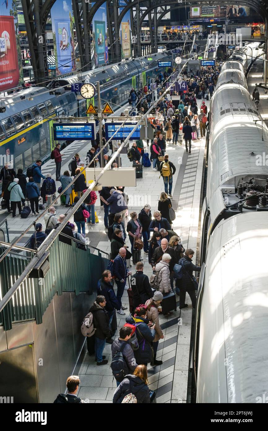 Trains, passengers, platform, concourse, main station, Hamburg, Germany ...