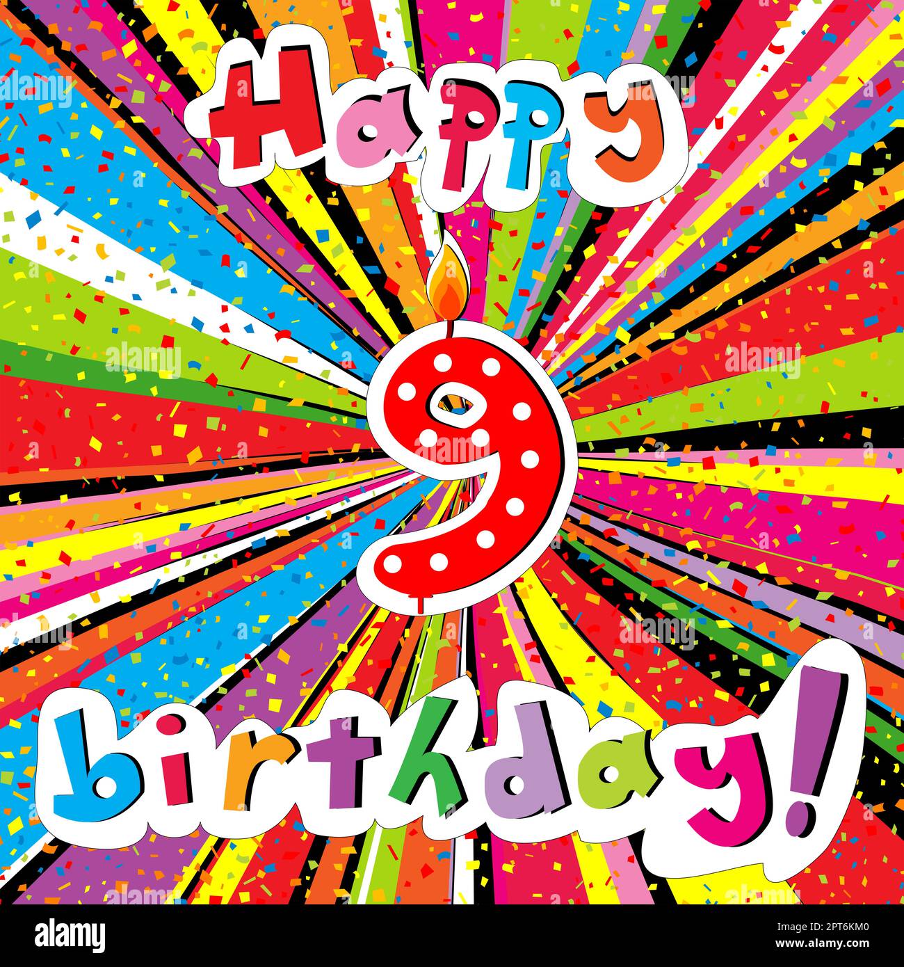 Happy Birthday greeting card with number 9 candle and confetti on a ...