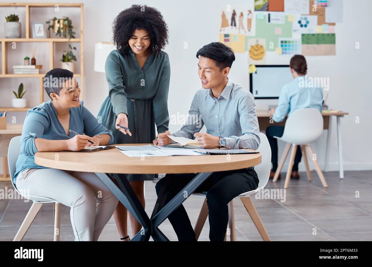 Collaboration, research and marketing team planning project with documents, data and ideas ...