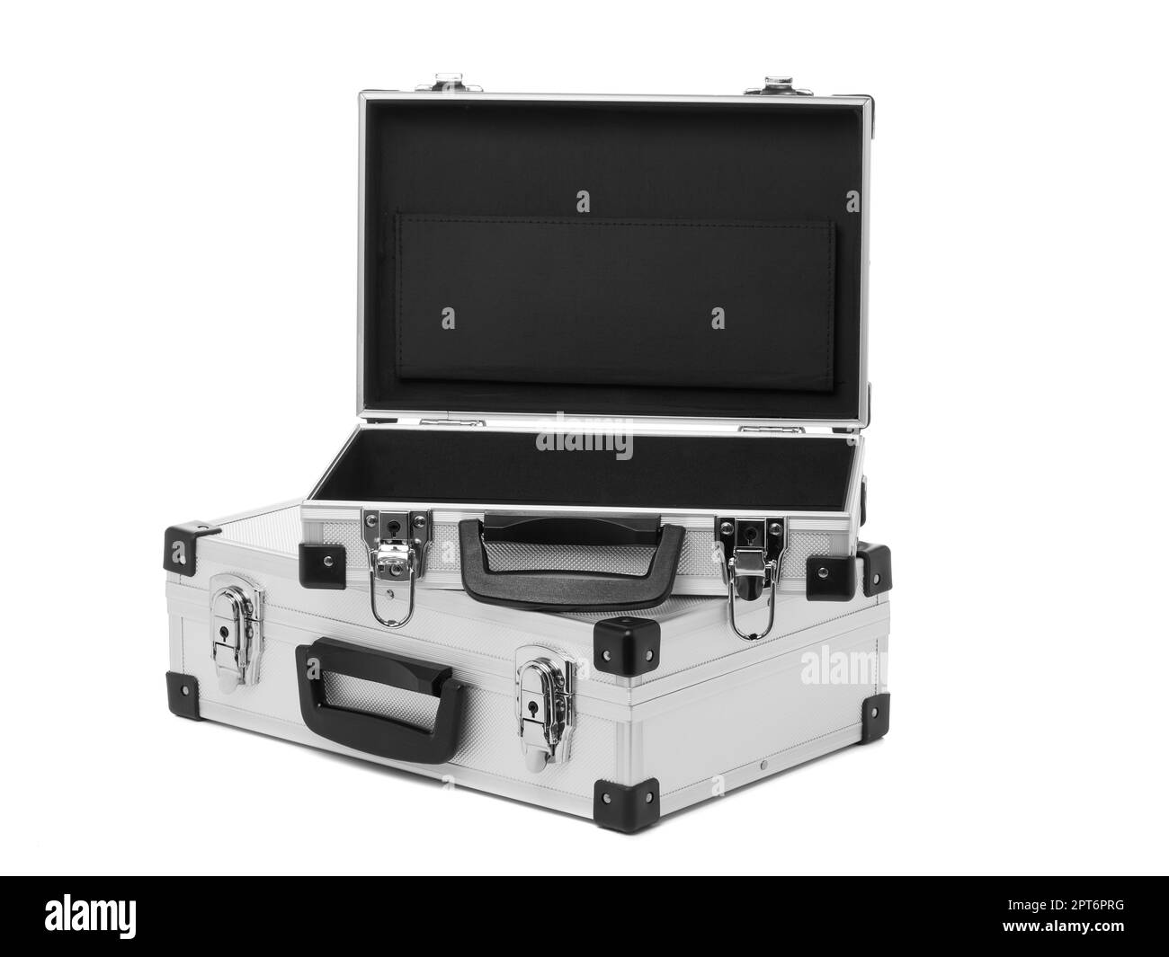 Set of metal suitcases of different sizes isolated on white background ...