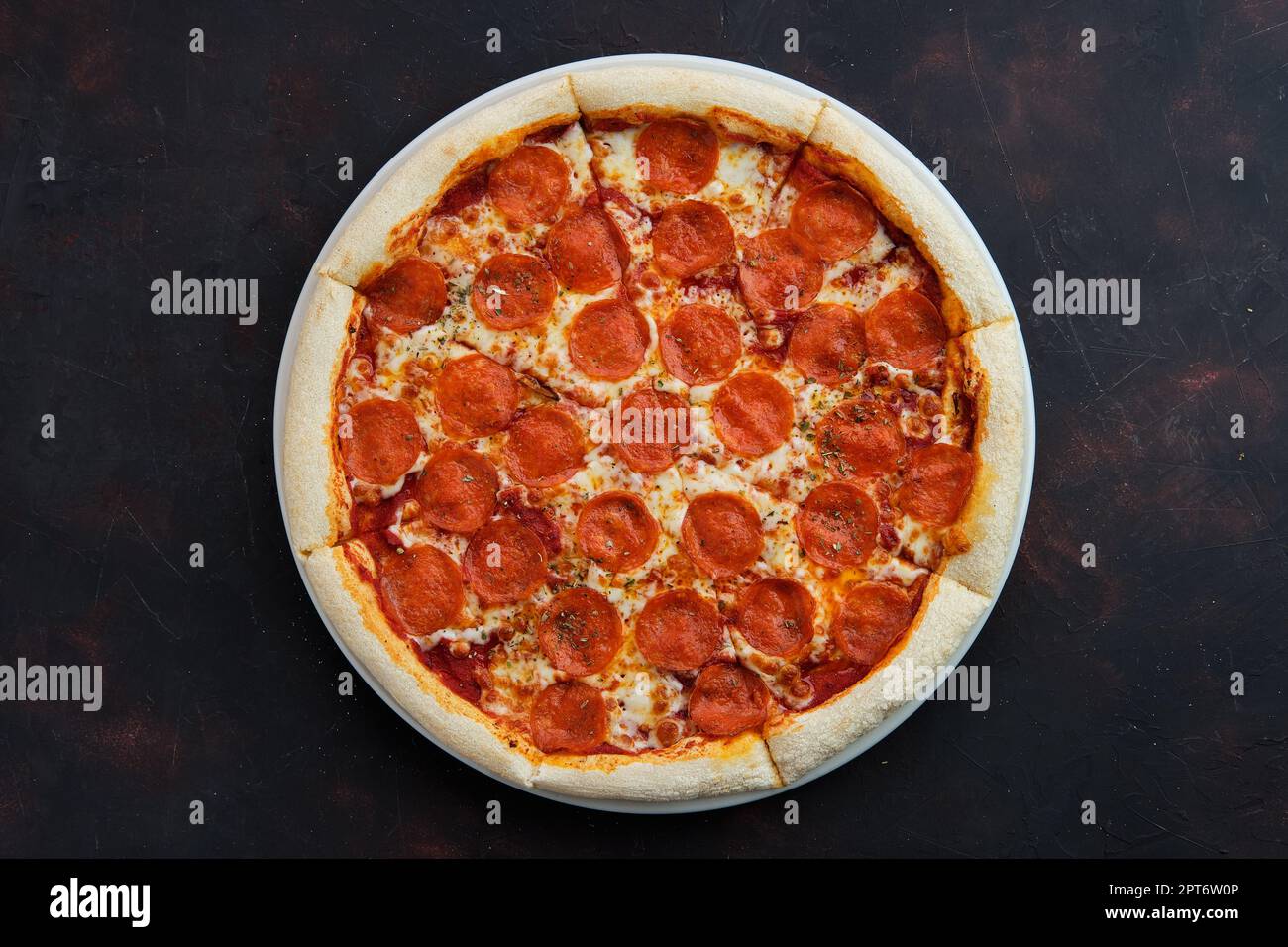 Top view of classic pepperoni pizza Stock Photo - Alamy