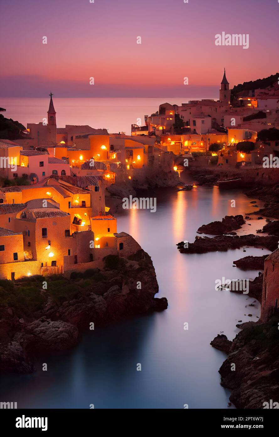 Beautiful mediterranean village at night. 3D illustration landscape ...