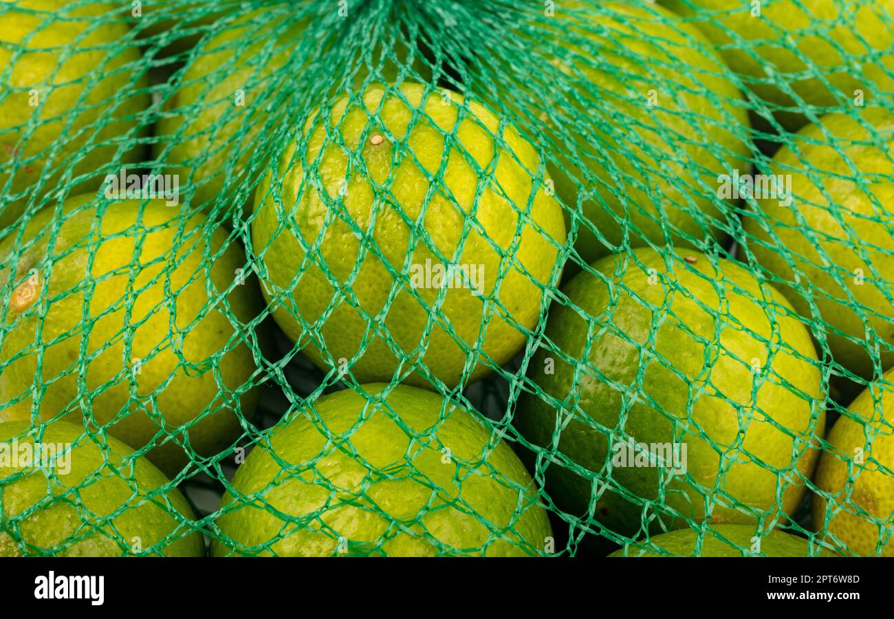 Fresh limes in the net green lime citrus fruit stand fullframe ...
