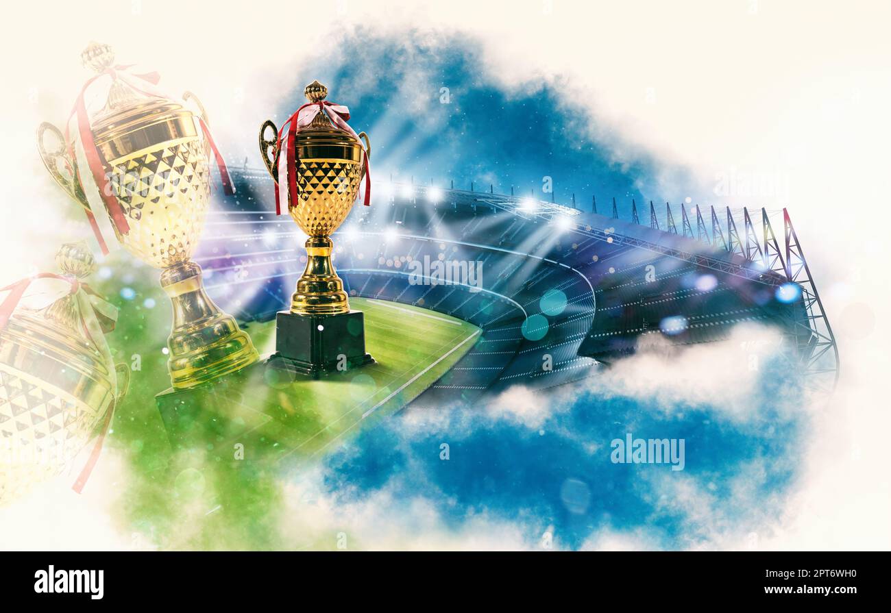 Golden trophy on a soccer arena with smoke effects Stock Photo - Alamy