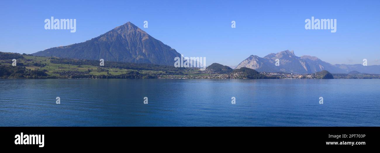 Pyramid shaped mountain Niesen seen from Beatenbucht, Switzerland Stock ...