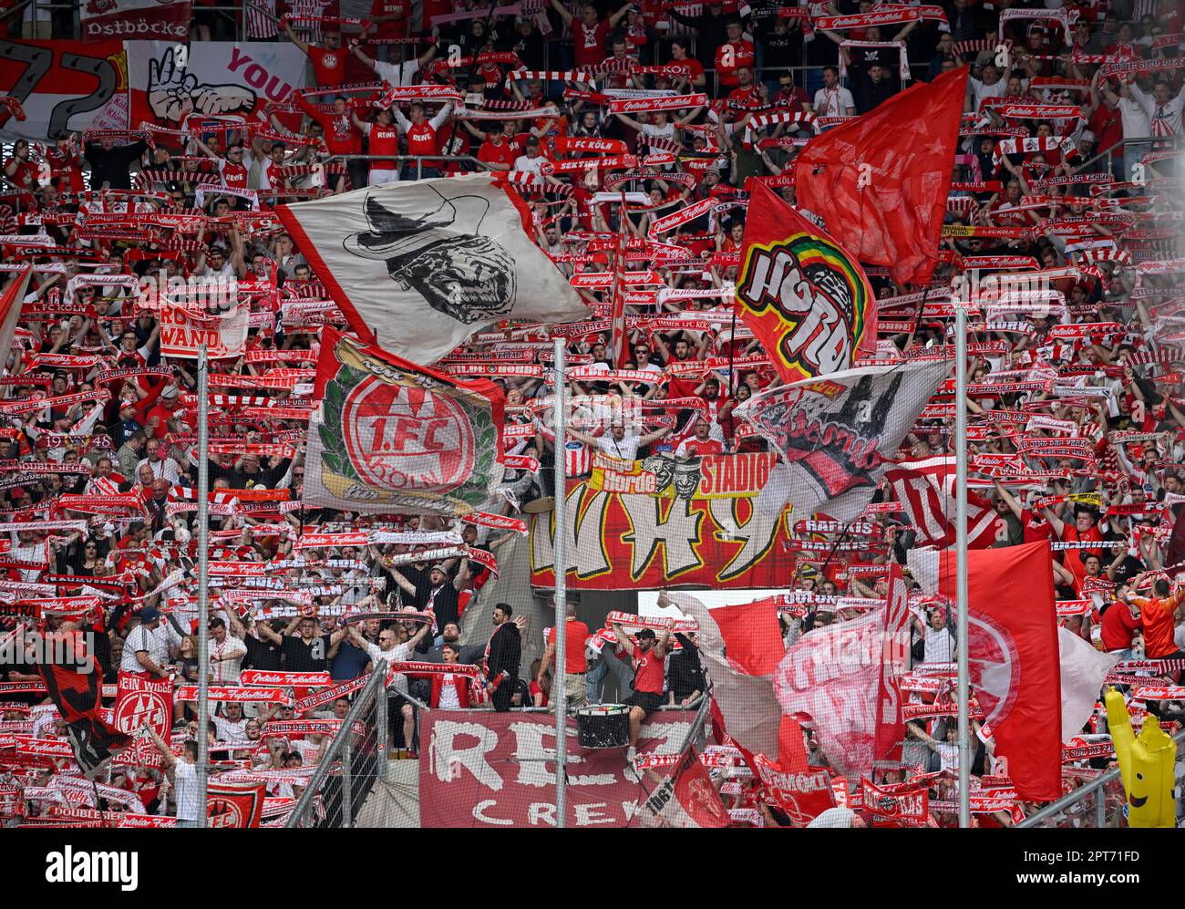 Fan block, fans, flags, banners, 1. FC Koeln, PreZero Arena, Sinsheim ...