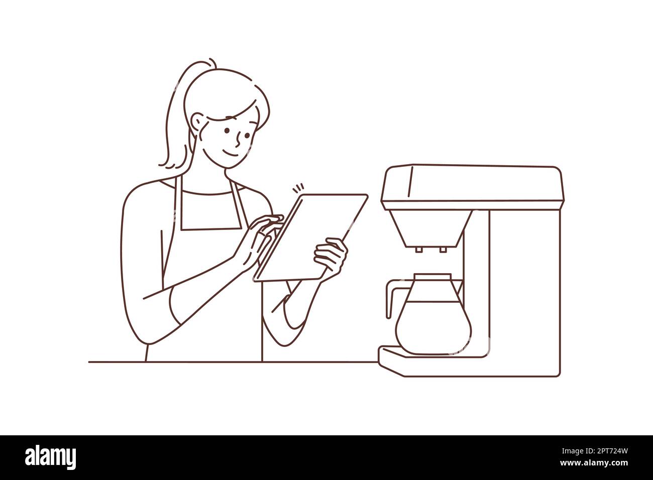 Happy young female waitress in coffeeshop taking order on pad. Smiling ...