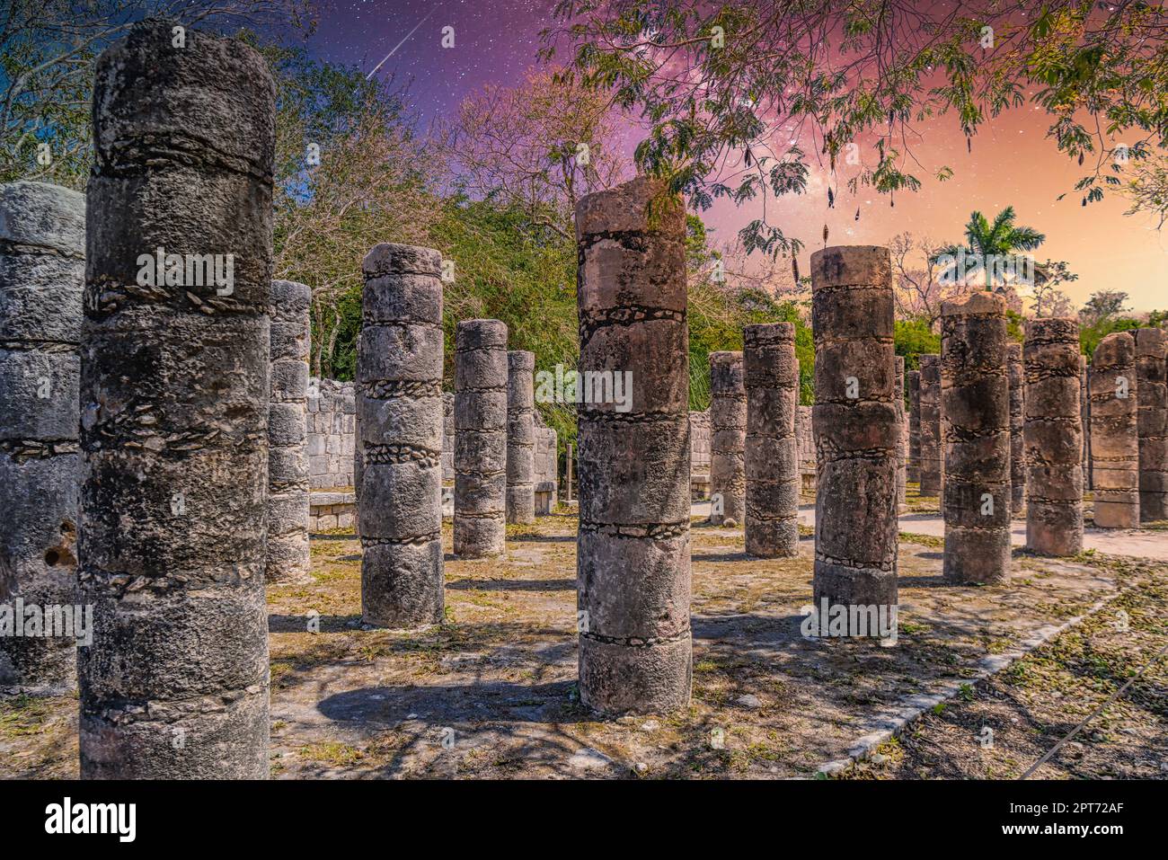 Columns of the Thousand Warriors in Chichen Itza, Mexico with Milky Way ...