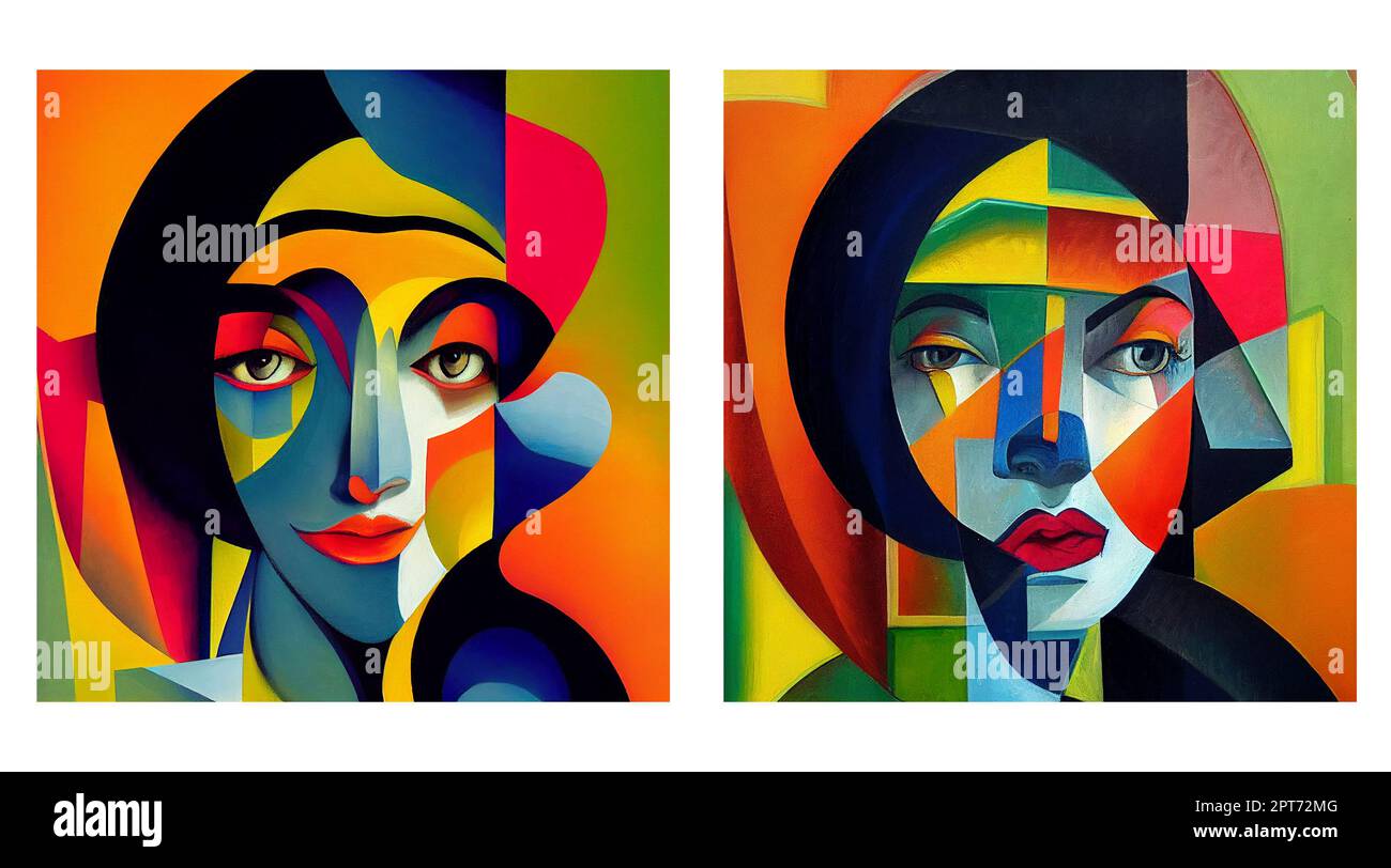 Set of two color images of abstract female portrait, rich color background, cubist artwork Stock ...
