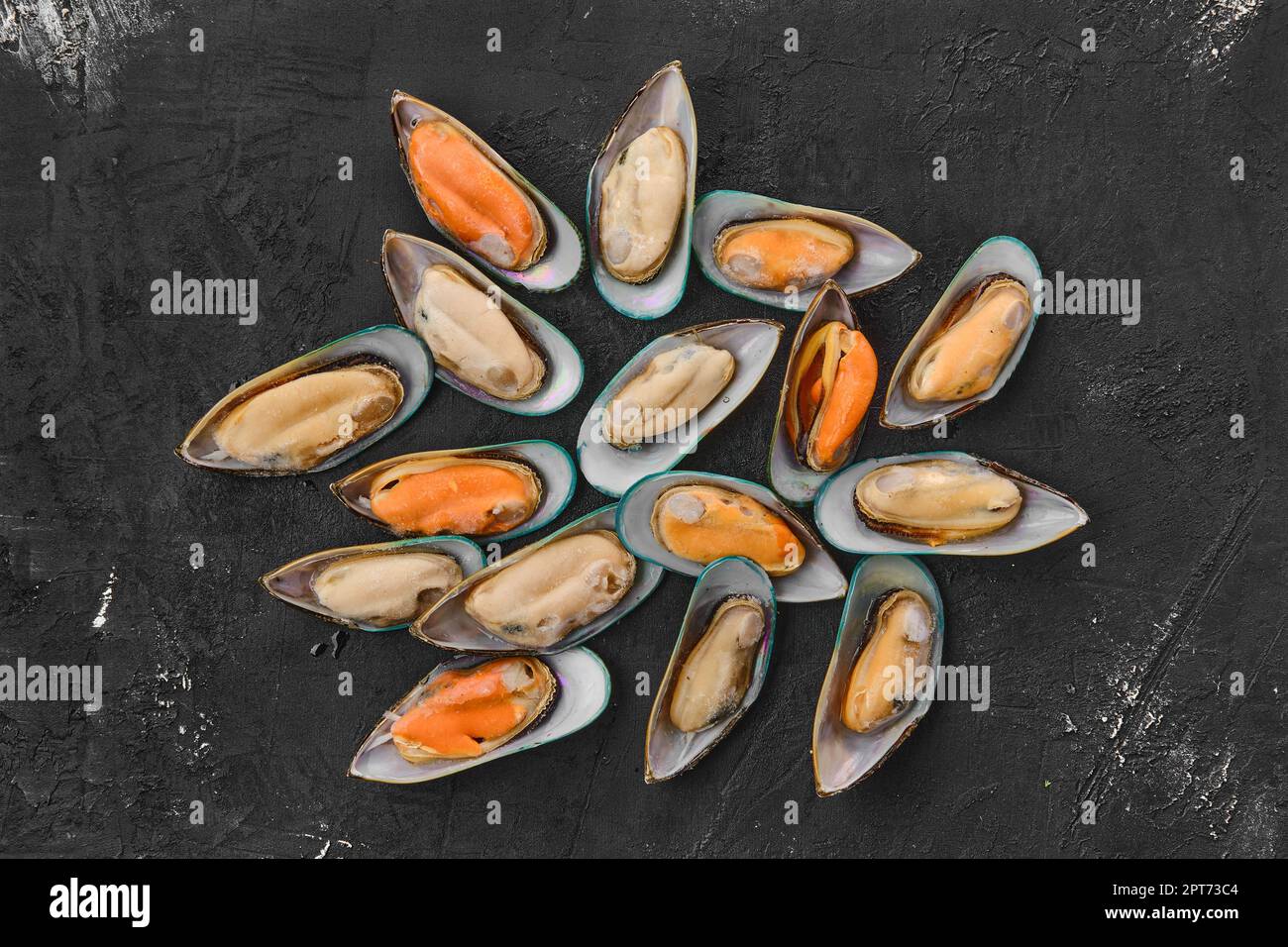 Raw large mussels in half shell on black background Stock Photo - Alamy